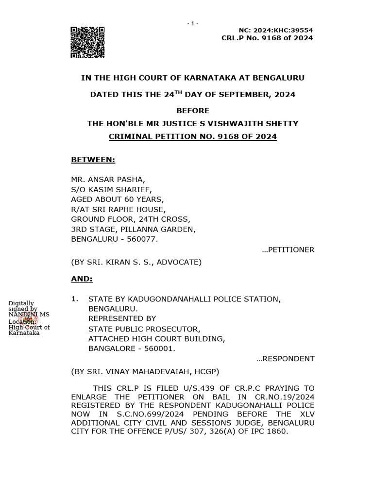 Ansar Pasha Bail HC Order | PDF | Bail | Crimes