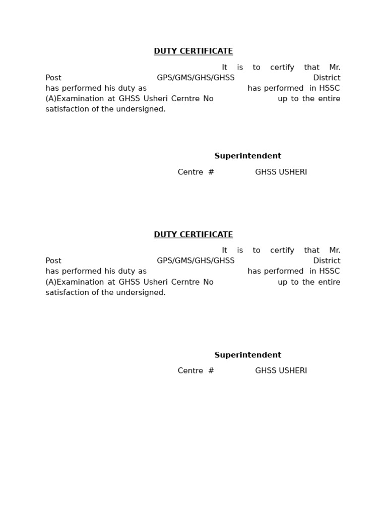 Duty Certificate | PDF