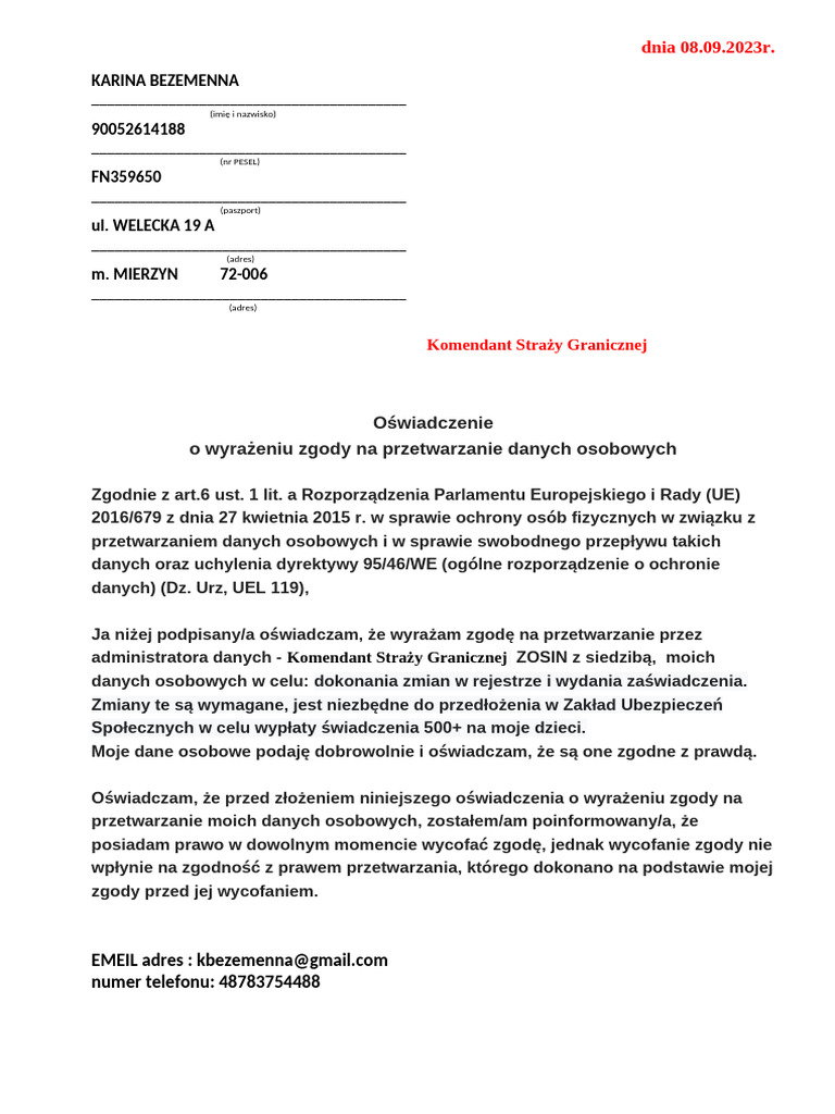 !oświadczenie o Wyrażeniu Zgody Na Przetwarzanie Danych Osobowych | PDF
