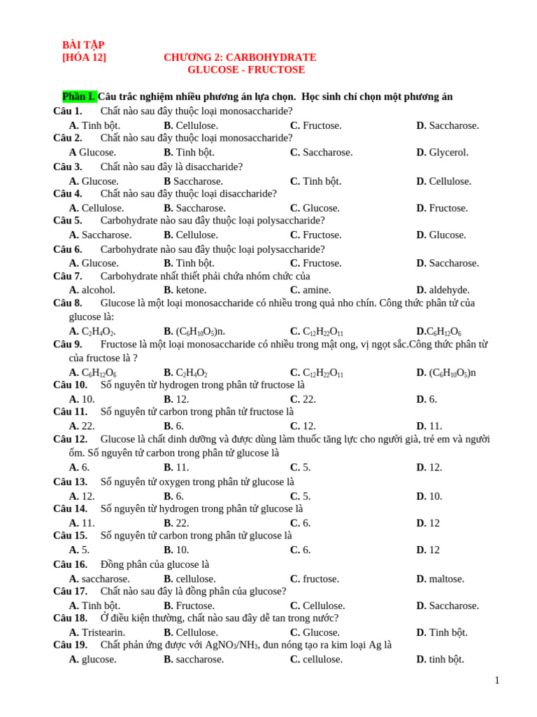 Bài Tập Hóa 12 Chương 2 Carbohydrate | PDF