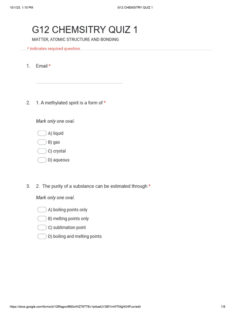 G12 Chemistry Quiz 1 Template | PDF | Chemical Bond | Chemistry