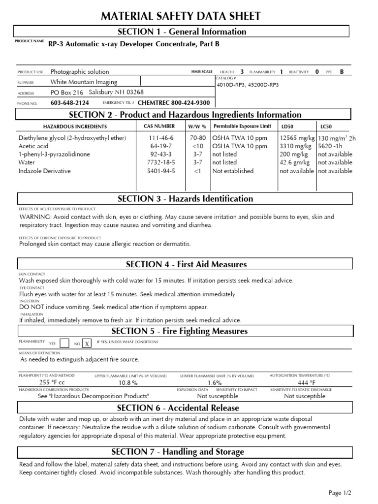 RP-3 X-ray Developer MSDS Guide | PDF | Workplace | Working Conditions