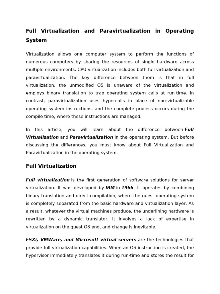 Para Vs Full Virtualization | PDF | Virtualization | Operating System