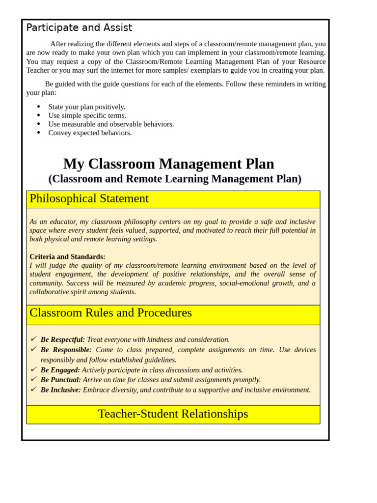 Classroom Management Plan Guide | PDF | Classroom Management | Learning