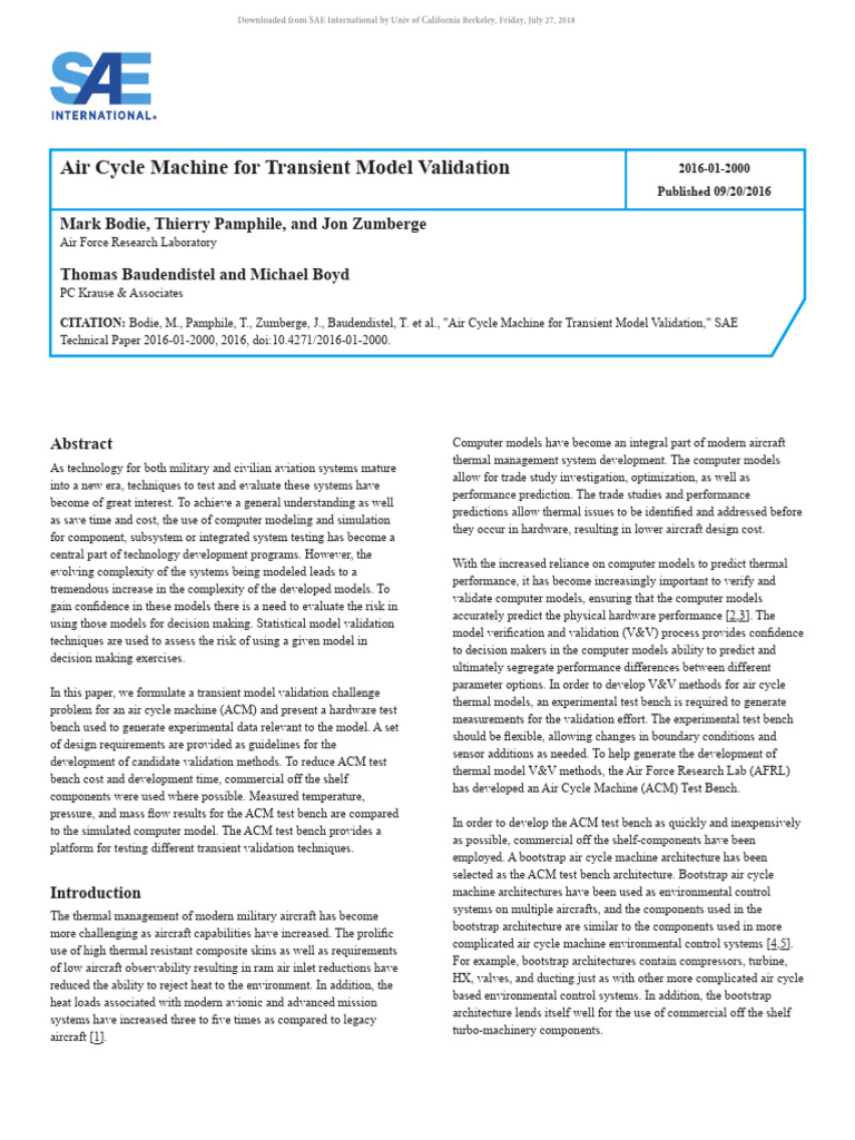 (2016) (Bodie Et Al.) Air Cycle Machine For Transient Model Validation ...