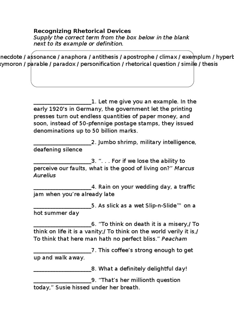 Recognizing Rhetorical Devices | PDF | Irony | Rhetorical Techniques