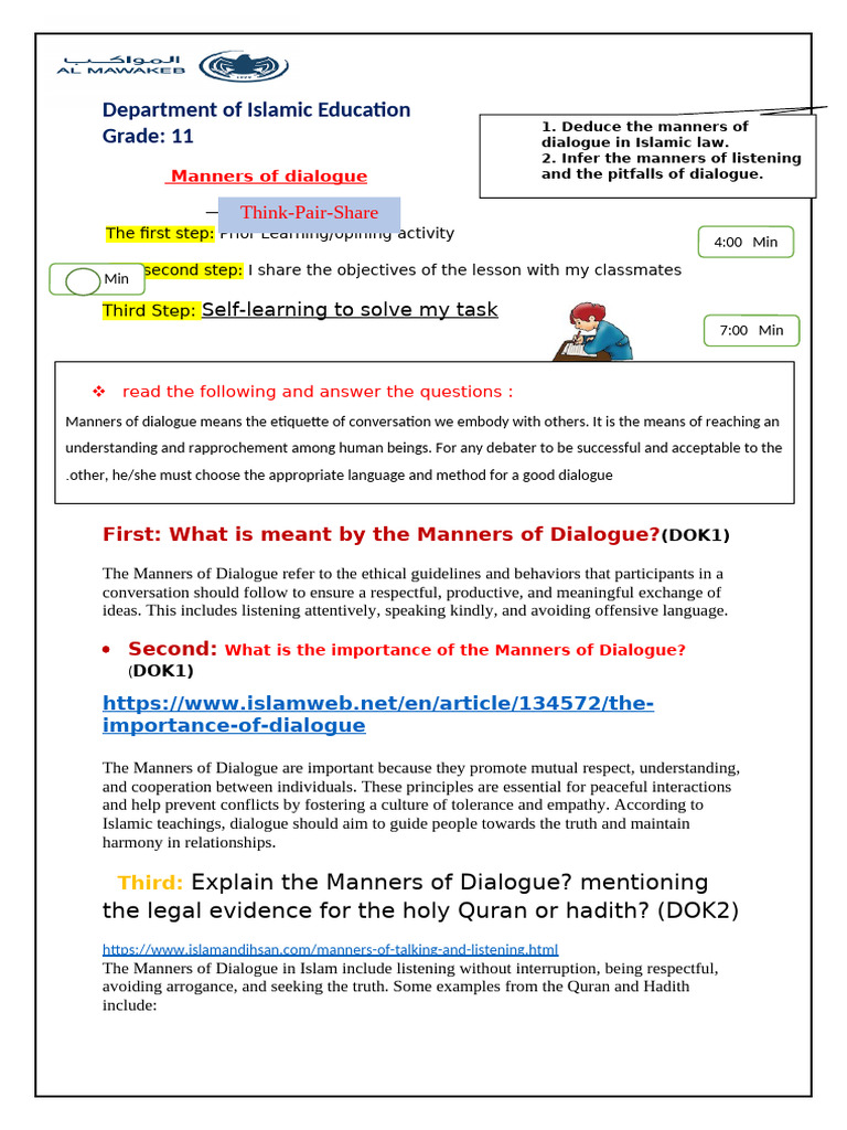 Lesson Agenda - Manners of Dialogue - 1 | PDF | Etiquette | Muhammad