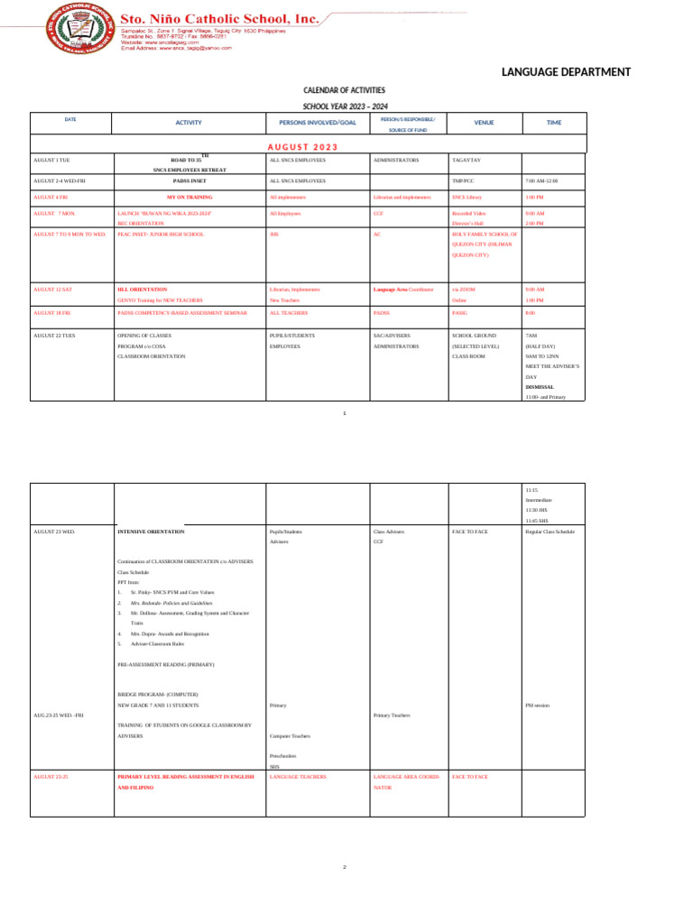 Language Area Calendar 2023 2024 | PDF