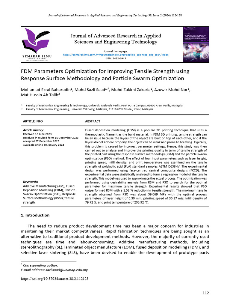 Fdm Parameters Optimization For Improving Tensile Strength Using