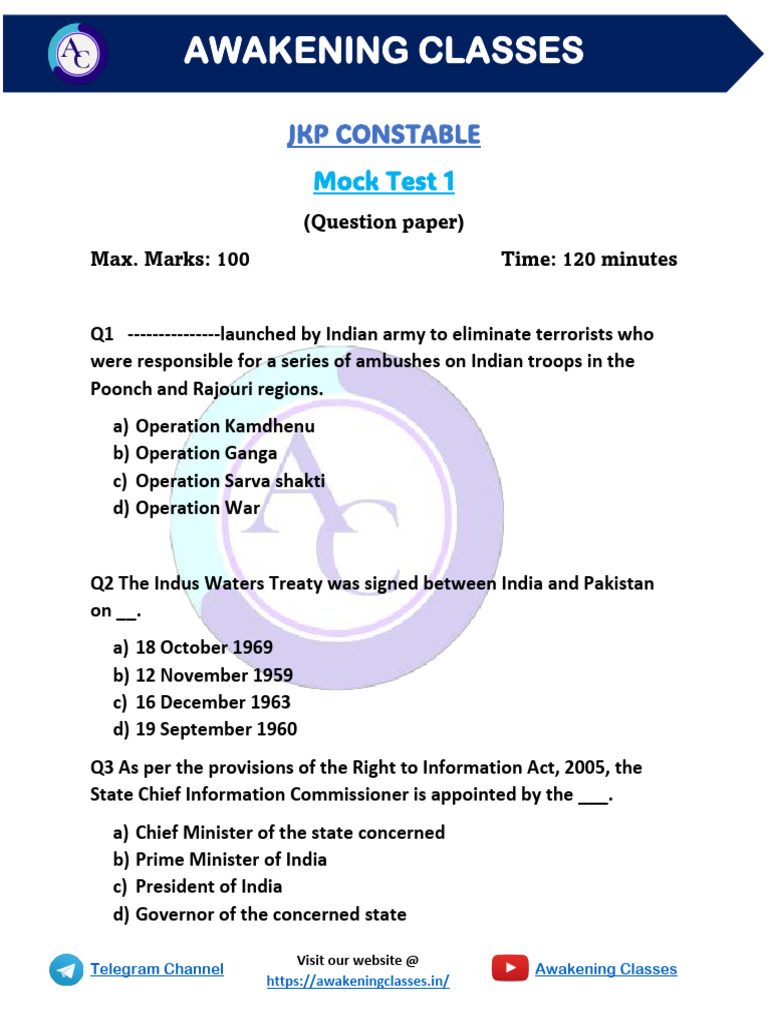 JKP Constable Mock Test Paper 1 | PDF | Computing