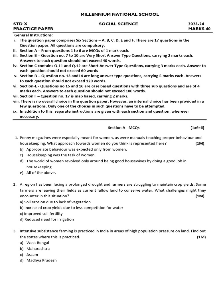 STD 10th Social Science - Practice Paper - 2024-25 | PDF | Agriculture | Water Pollution