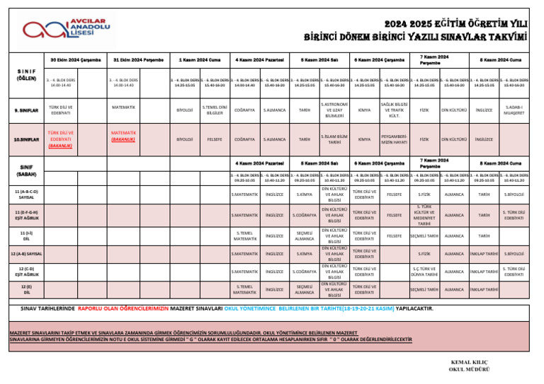 2024 2025 E T MÖ RET M Yili B R NC Dönem B R NC Yazili Sinavlar Takv M | PDF