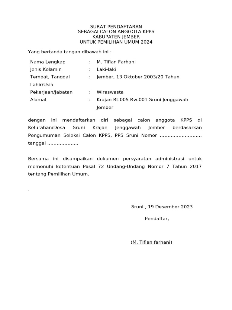 SURAT PENDAFTARAN KPPS Fia | PDF