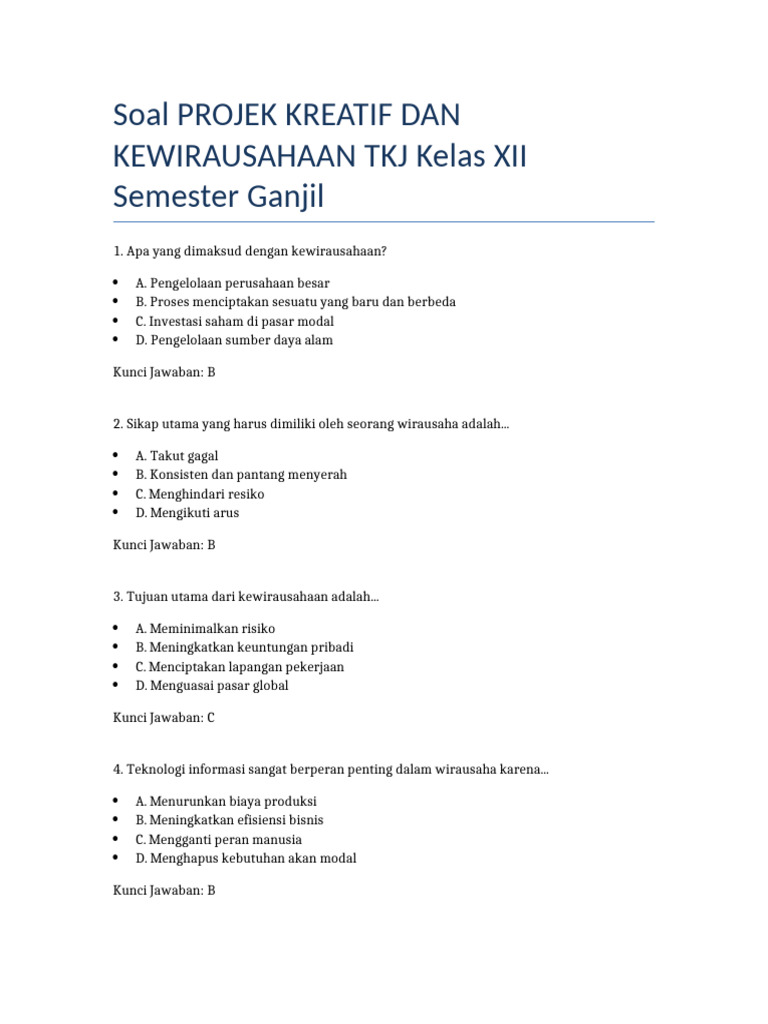Soal Projek Kreatif Dan Kewirausahaan TKJ Kelas XII Semester Ganjil | PDF