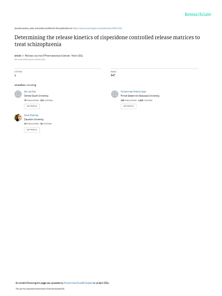 Determining The Release Kinetics of Risperidone Controlled Release ...