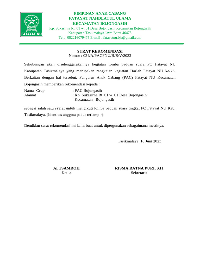 Surat Rekomendasi Lomba Padus | PDF