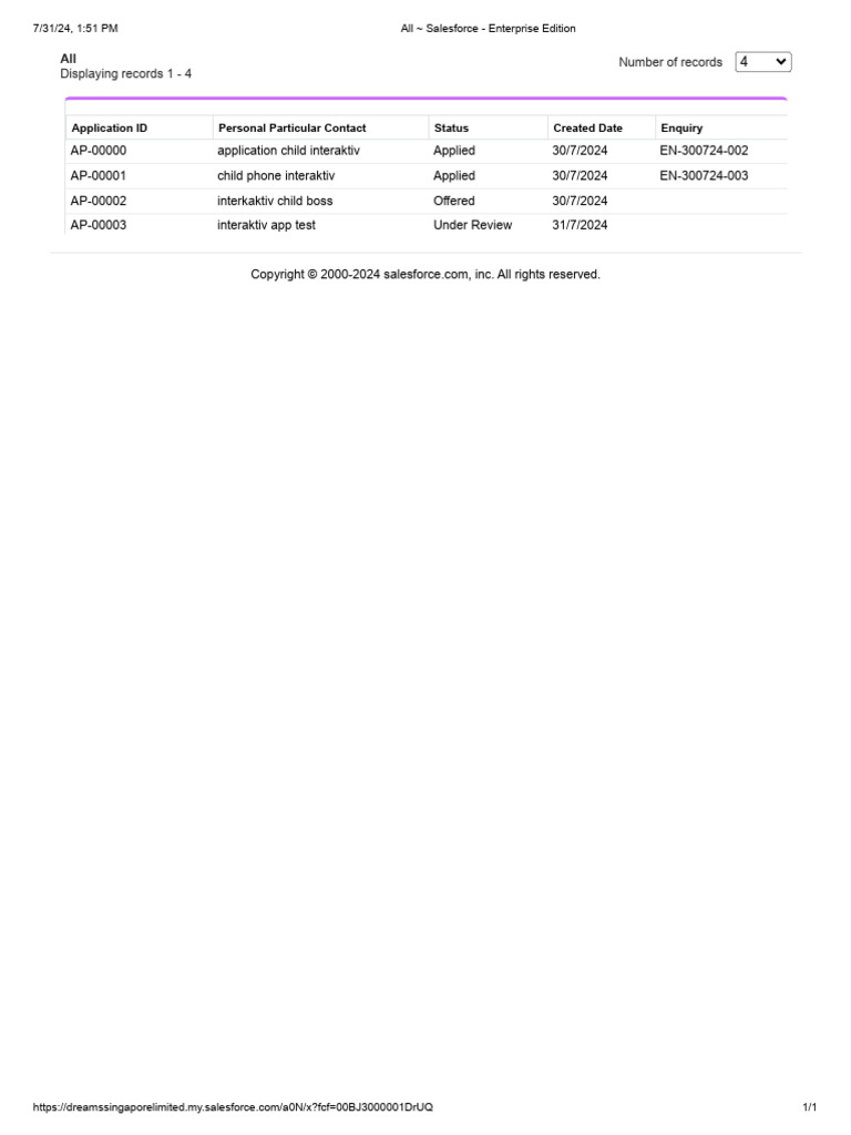 Number of Records Displaying Records 1 - 4: Application ID Personal Particular Contact Status ...