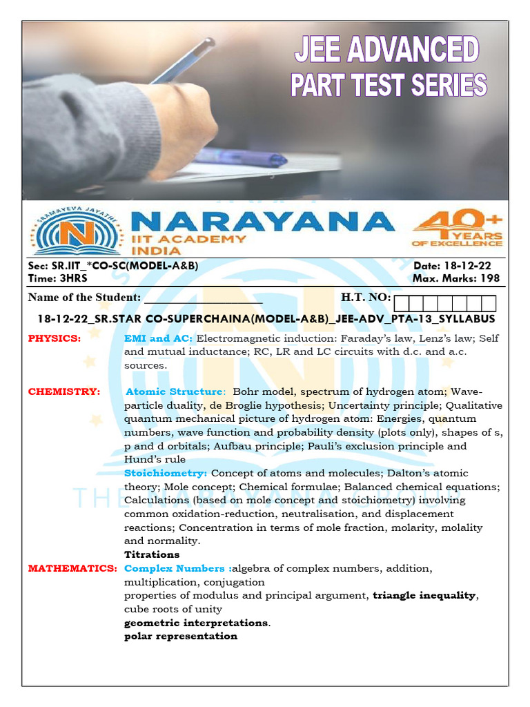 18 12 22 SR Star Co Scmodel A&b Jee Adv 2020 p1 Pta 13 QP | PDF | Complex Number | Circle