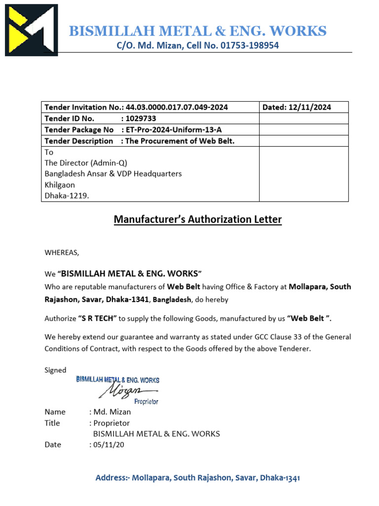 Manufacturer's Authorization Letter | PDF | Technology & Engineering