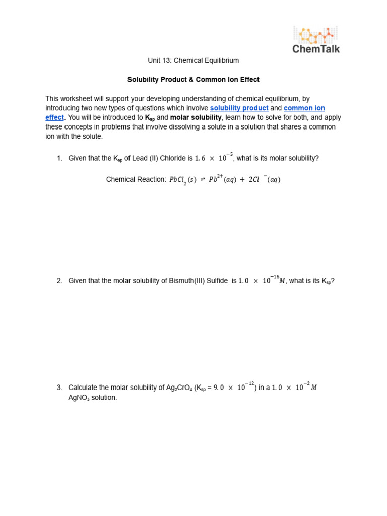 Common Ion and QSP Worksheet | PDF | Solubility | Chemical Equilibrium