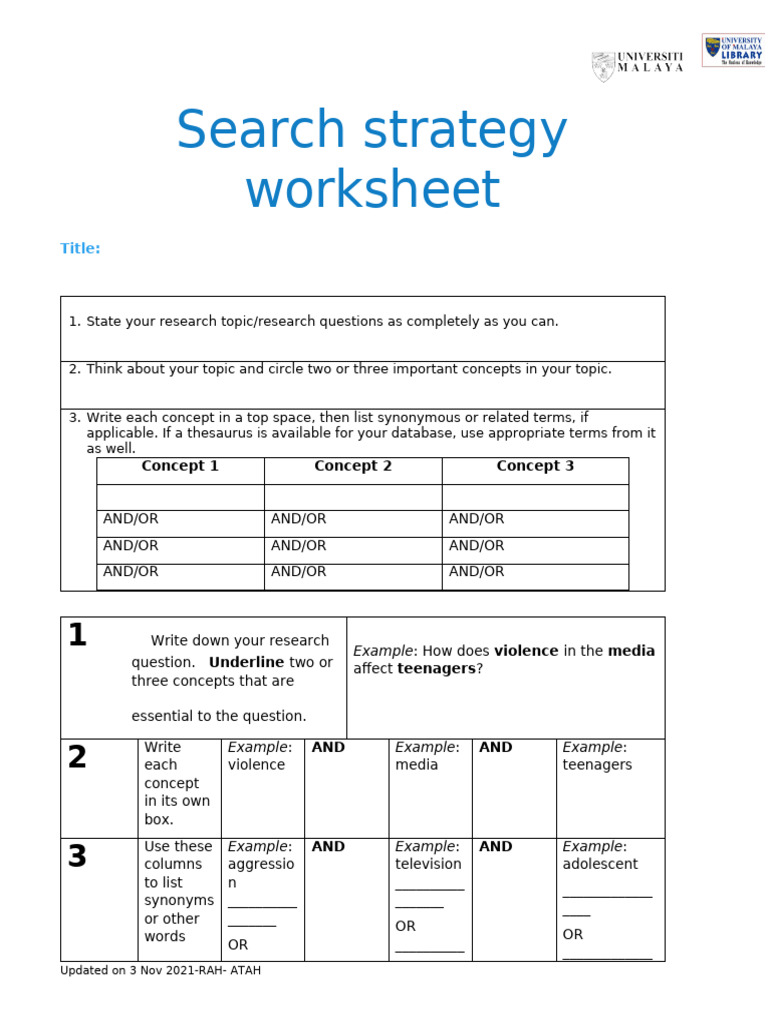 Search Strategy Worksheet | PDF | Information Science Search Strategy Worksheet | PDF | Information Science