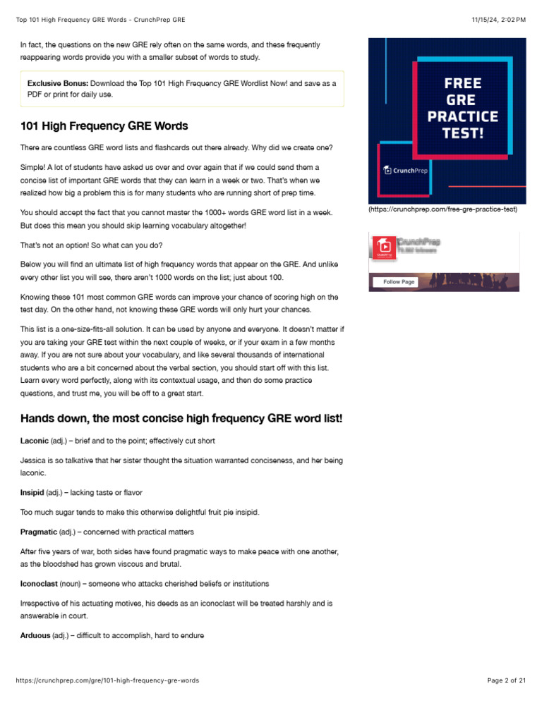 Top 101 High Frequency GRE Words - CrunchPrep GRE | PDF | Graduate Record Examinations | Vocabulary