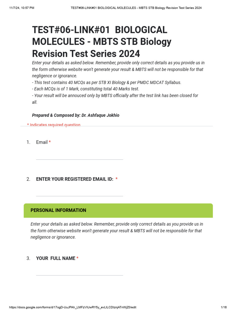 Test#06 Biological Molecules - MBTS 2024 | PDF | Carbohydrates | Amino Acid