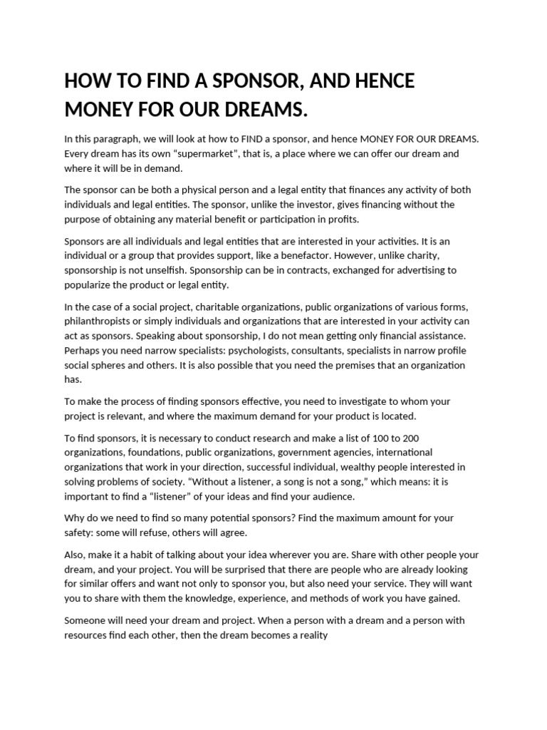 How To Find A Sponsor, and Hence Money For Our Dreams. | PDF ...