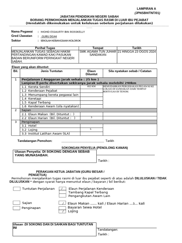 La Borang Permohonan Bertugas Rasmi Luar Pejabat Essauffy | PDF