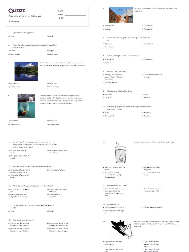 Light Properties: Multiple Choice Quiz | PDF | Light | Reflection (Physics)
