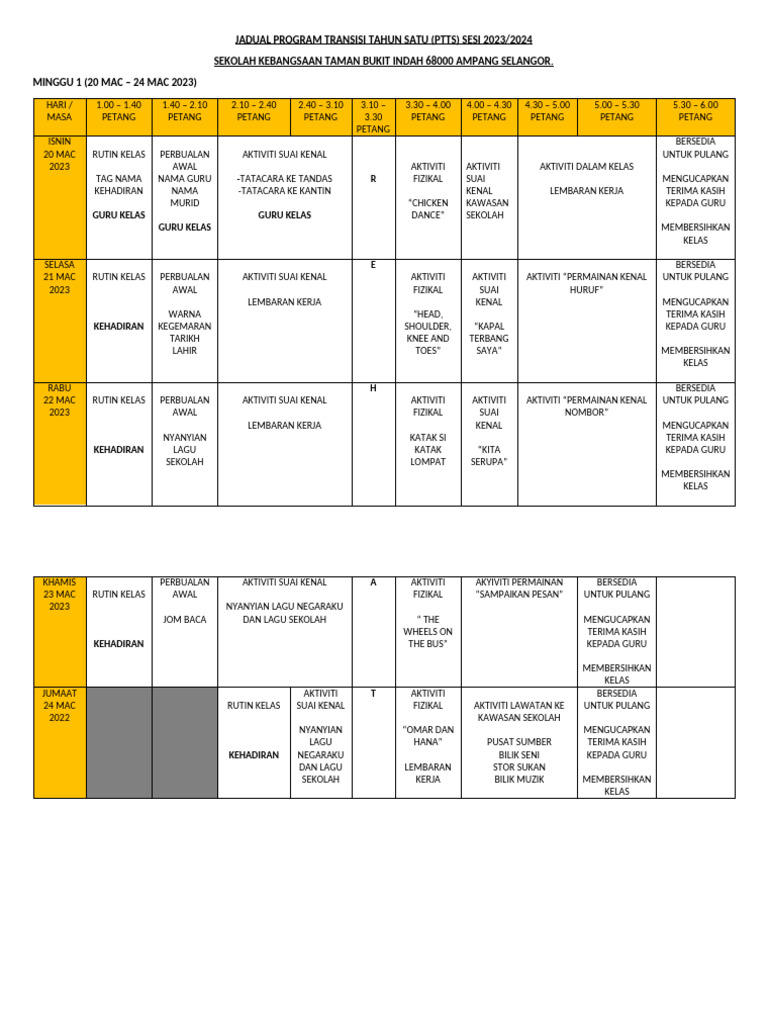 Jadual Program Transisi Tahun 1 2023 | PDF