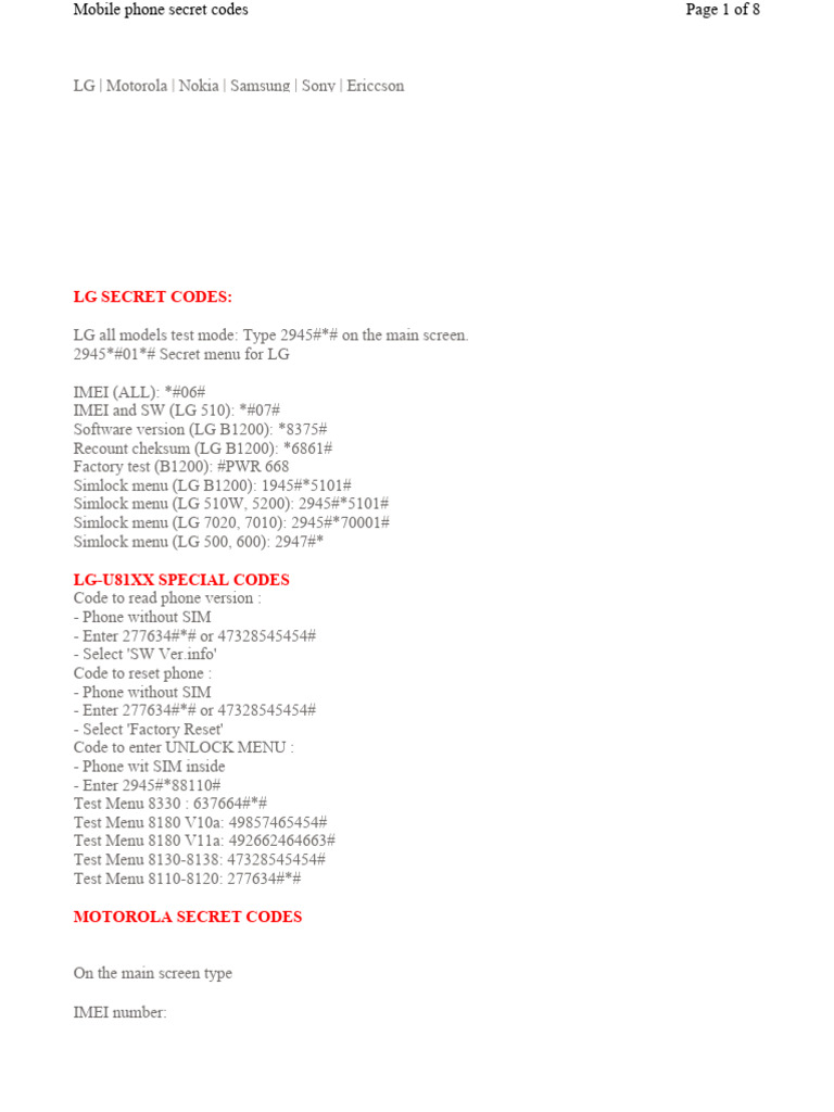 Mobile Phone Unlock Codes | PDF | Mobile Telecommunications ...