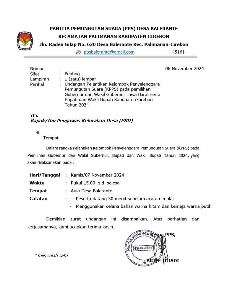 Undangan Pelantikan KPPS Untuk PKD | PDF