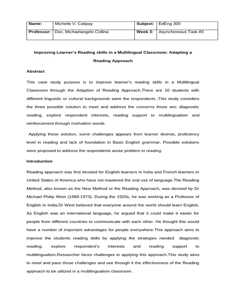 CATIPAY, MICHELLE V. Asynchronous Task 3 (CASE STUDY) | PDF | Learning | Motivational