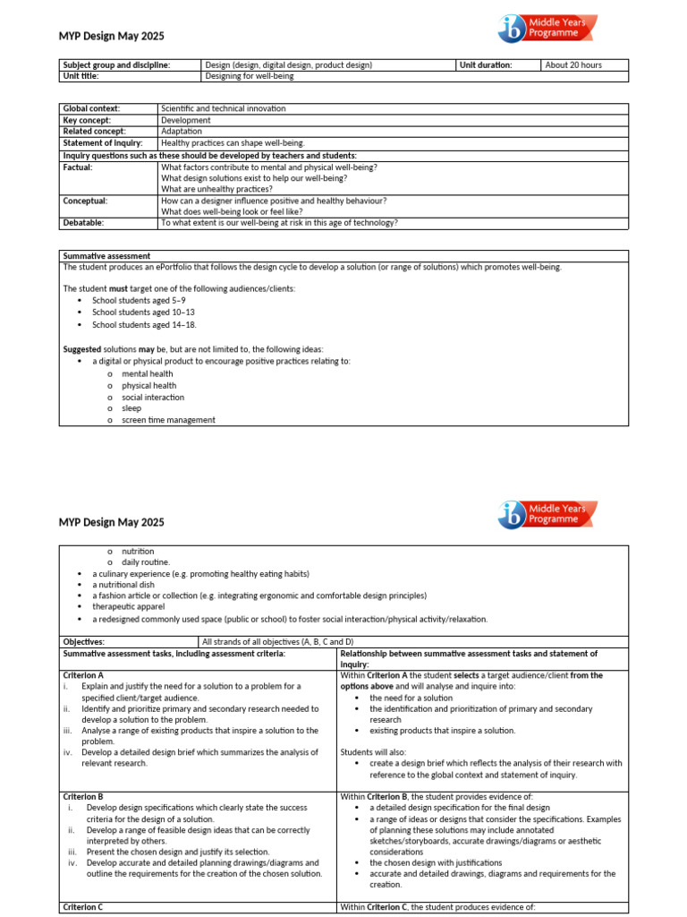 IB MYP Year 5 PCUP 24-25 | PDF | Well Being | Design