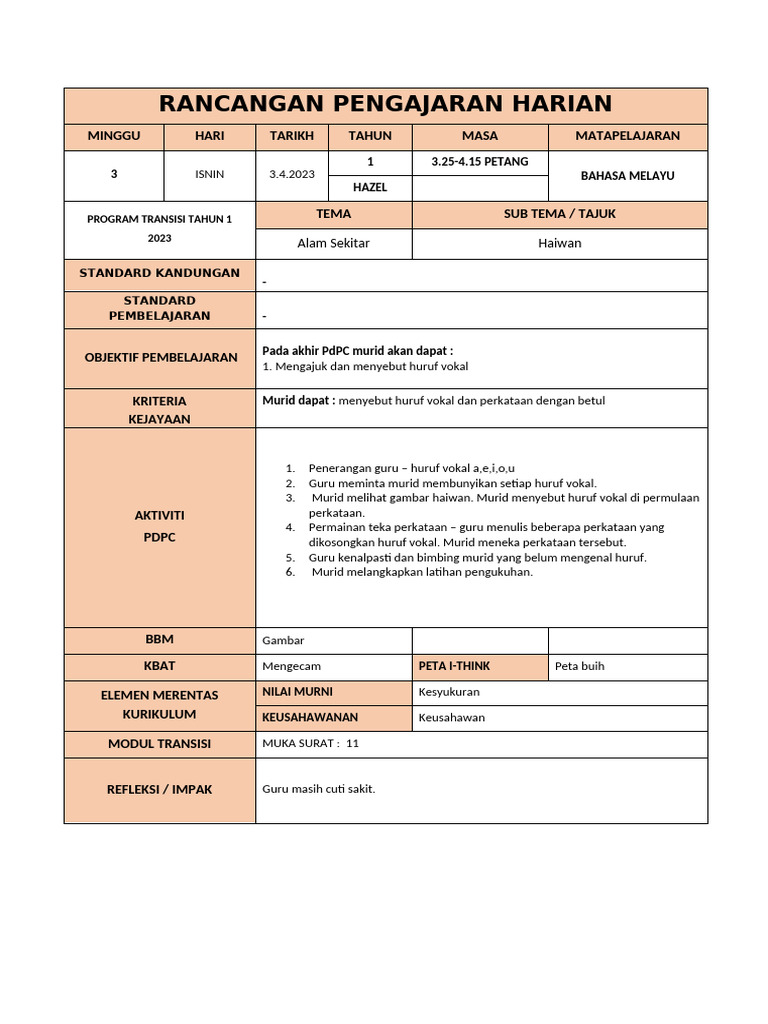 RPH Transisi 3 April 2023 | PDF