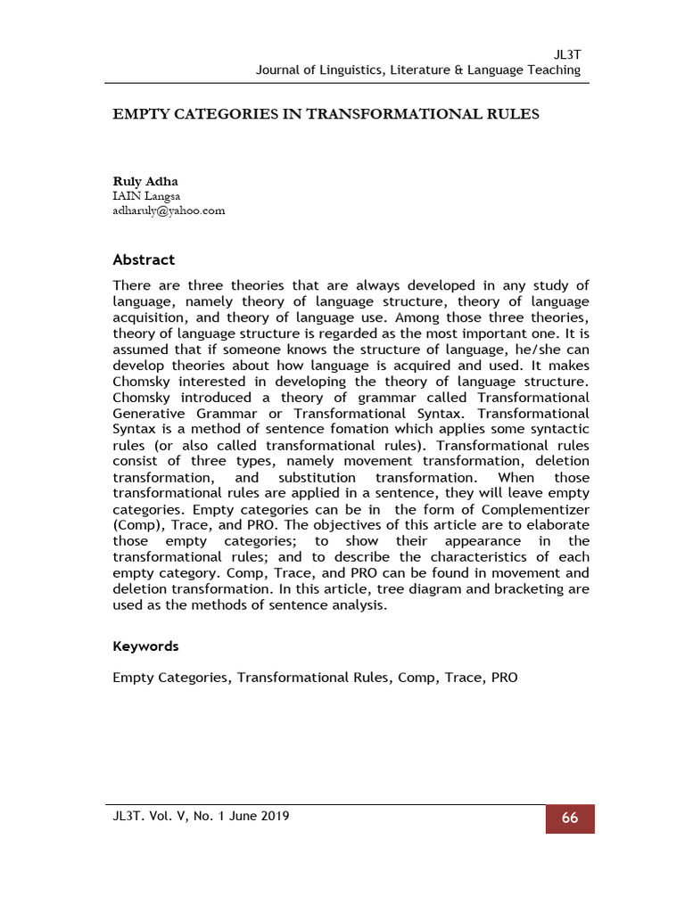 Article. Empty Categories in The Transformational Rules | PDF | Syntax | Grammar