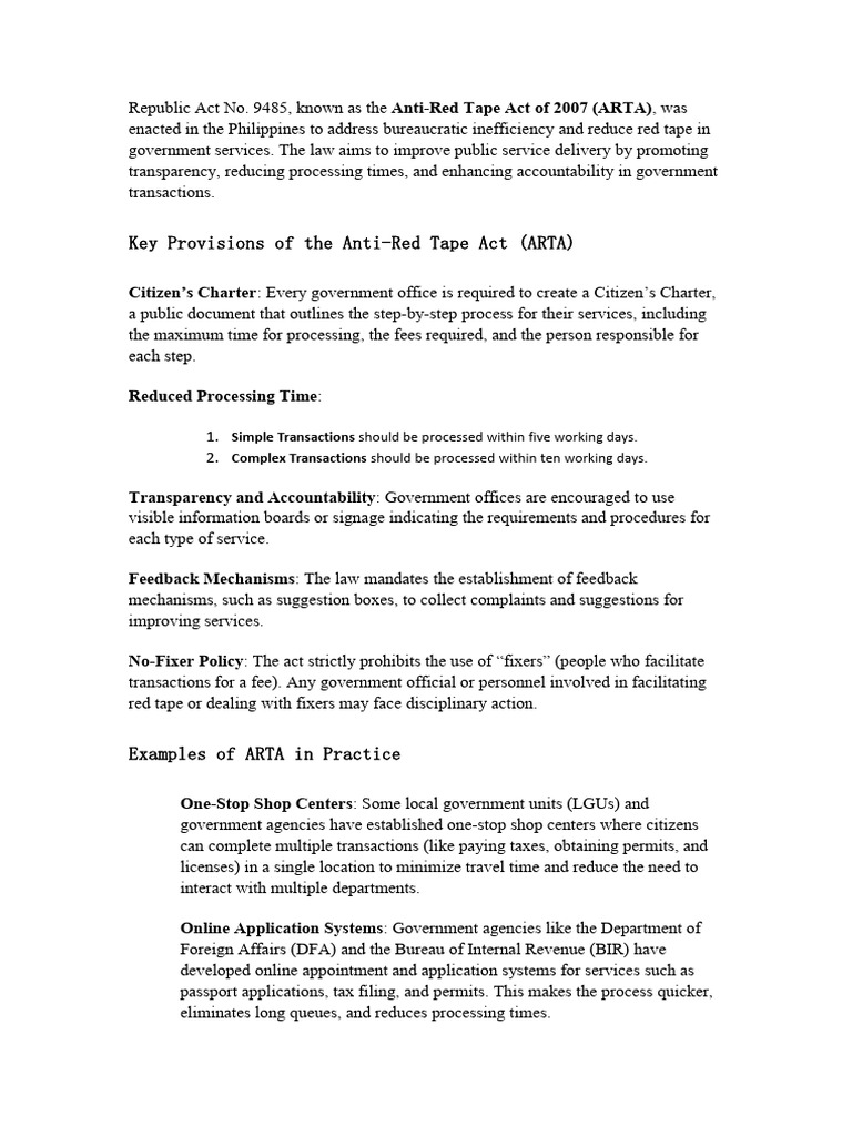 Republic Act No. 9485 Known As The Anti Red Tape Act of 2007 | PDF ...