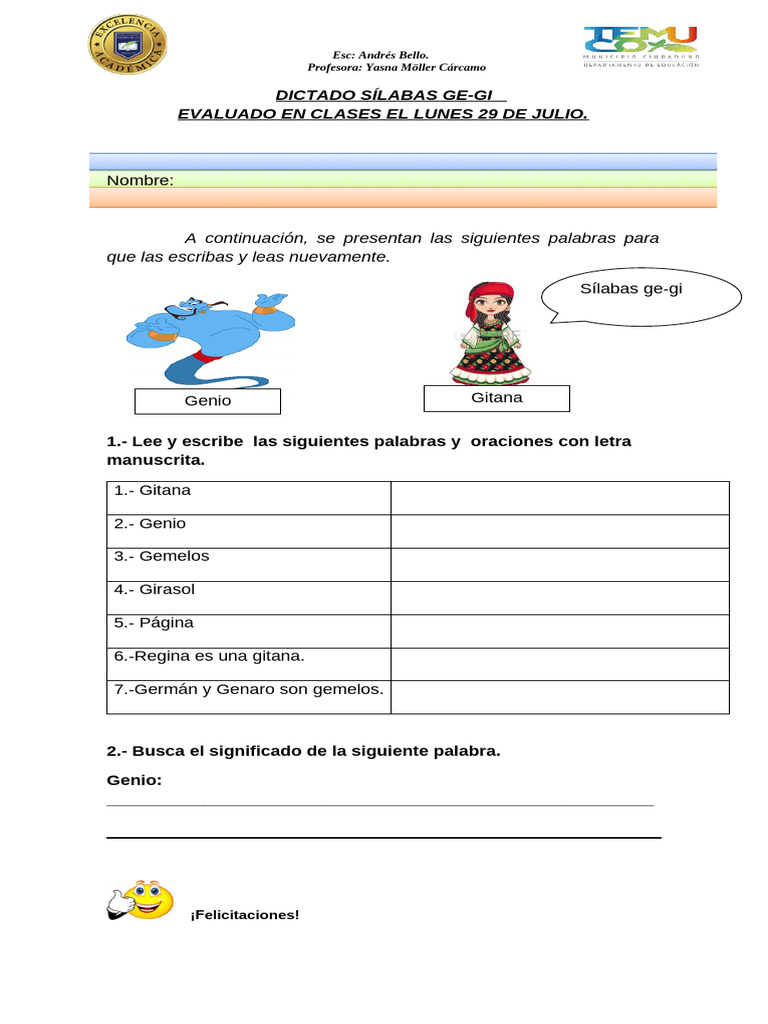 Dictado Sílabas Ge-Gi | PDF