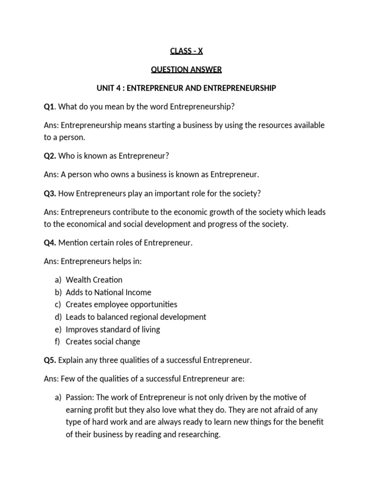QUESTION ANSWER U-4 (Entrepreneurial Skills) | PDF | Entrepreneurship ...