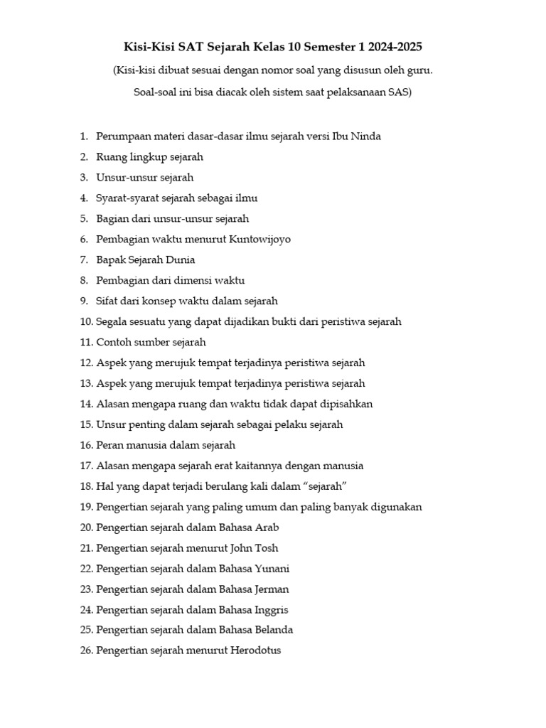 Kisi-Kisi Soal SAS Sejarah Kelas X SMT 1 2024-2025 | PDF