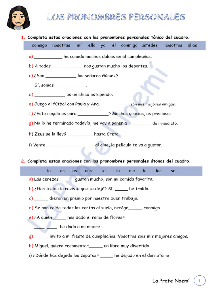 Los Pronombres Personales - Actividades | PDF | Métodos y materiales de ...