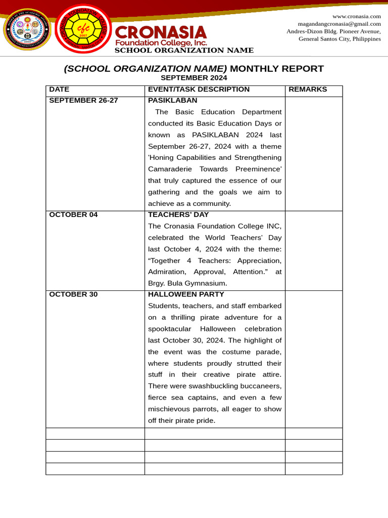 School 20org 20montly 20report 20template | PDF