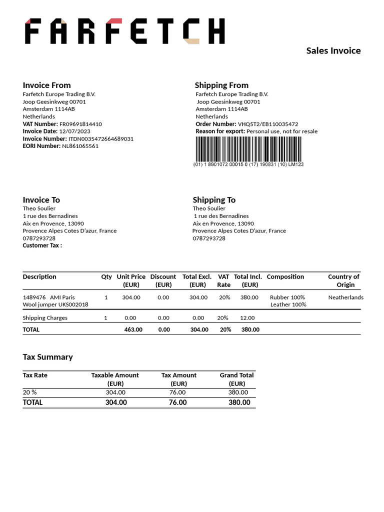 Facture Farfetch Ami (1) Theo | PDF