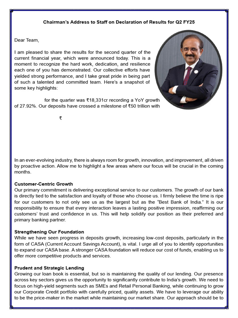 Q2 FY25 Results: Chairman's Address | PDF | Banks | Financial Inclusion