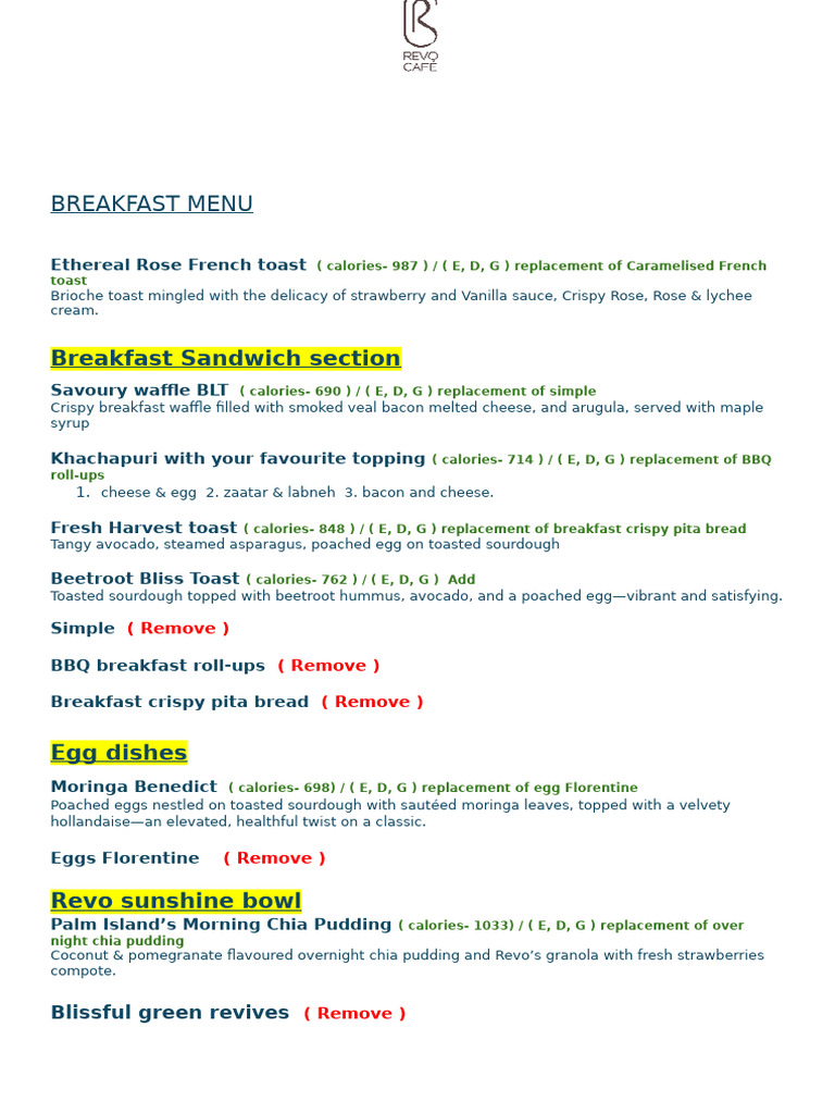 Breakfast Menu | PDF | Cooking, Food & Wine