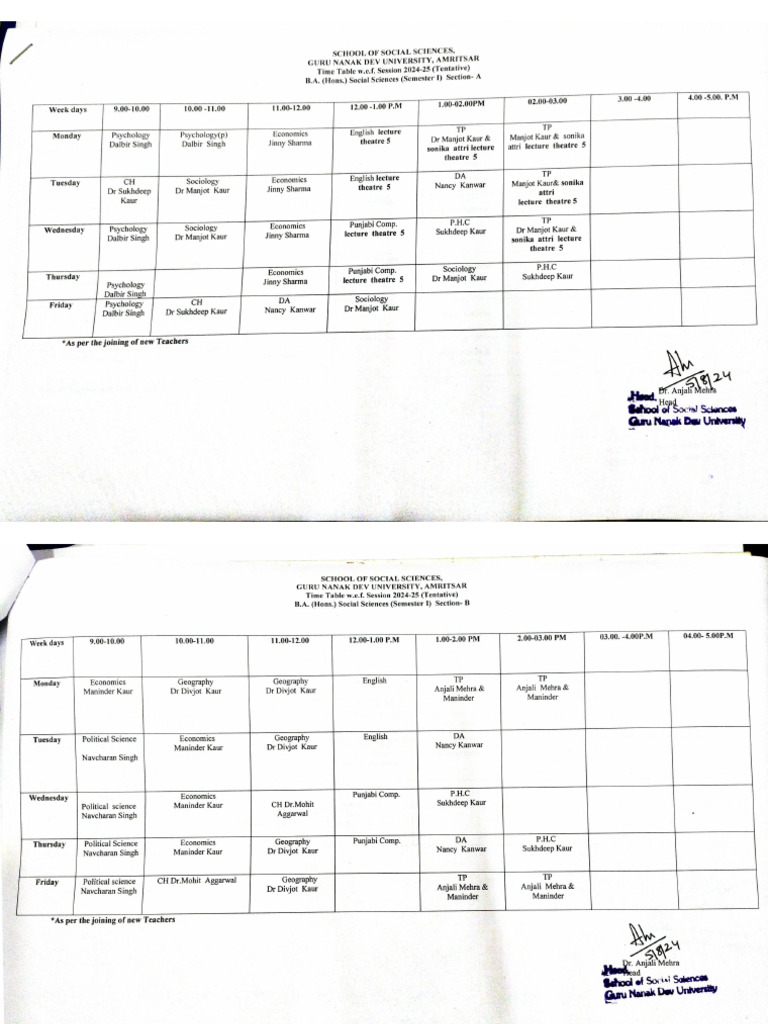1st Sem Revised Time Table 2024-25 | PDF