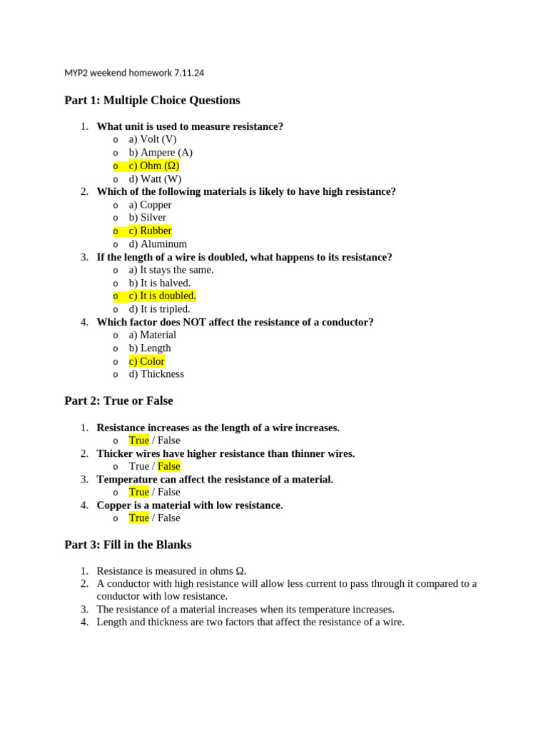 MYP2 Homework: Understanding Resistance | PDF