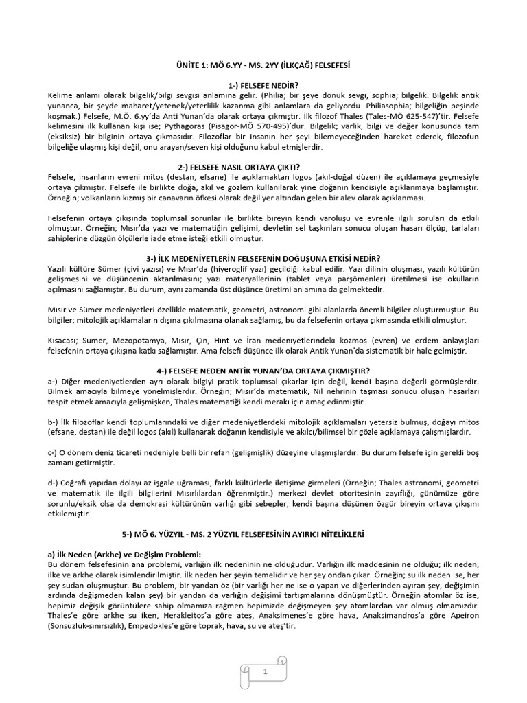 Ünite 1 MÖ 6.yy - MS 2.yy (İlkçağ) Felsefesi | PDF