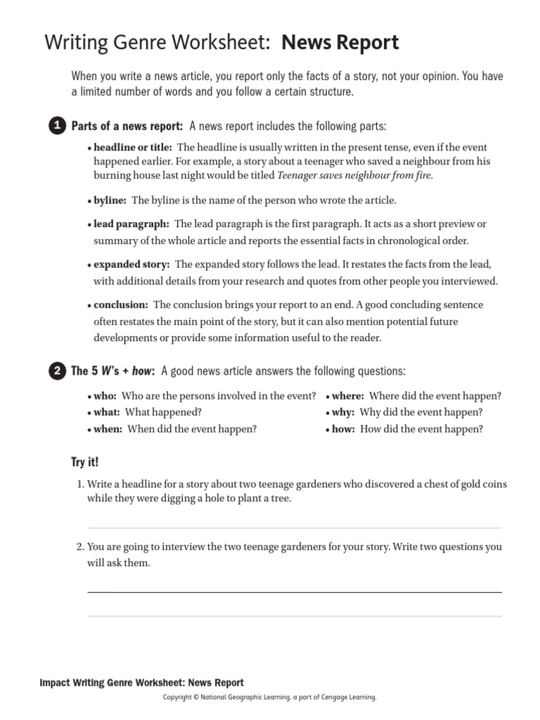 Owi Bre l02 Writing Genre News Report Worksheet | PDF | Foreign ...